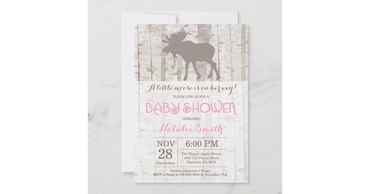Moose Girl Baby Shower Invitation Rustic Woodland | Zazzle