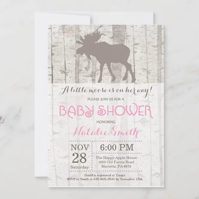 Moose Girl Baby Shower Invitation Rustic Woodland | Zazzle