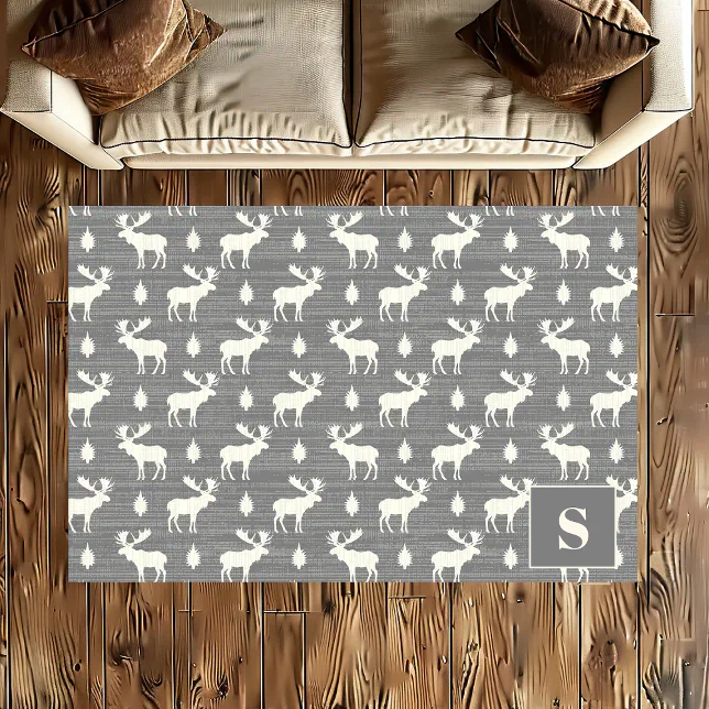 Moose Gray Monogrammed Rug | Zazzle