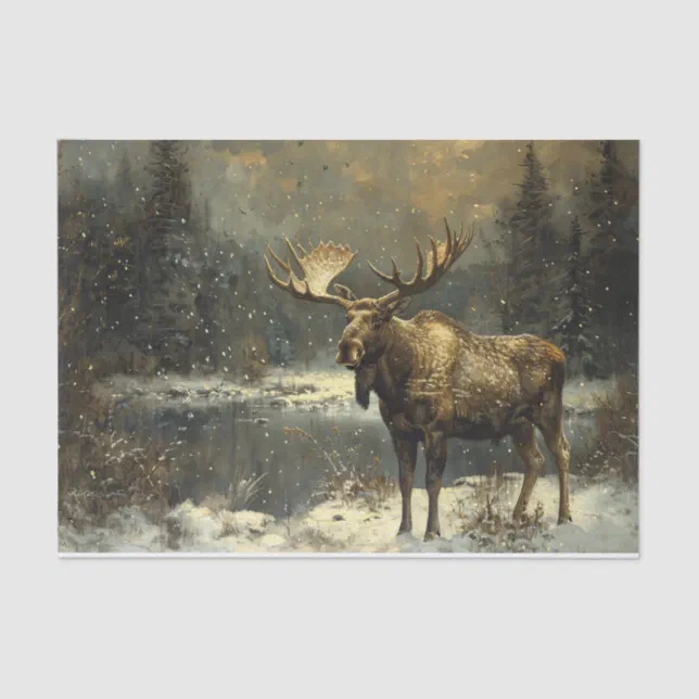 Moose in a Winter Landscape Painting Decoupage Tissue Paper | Zazzle