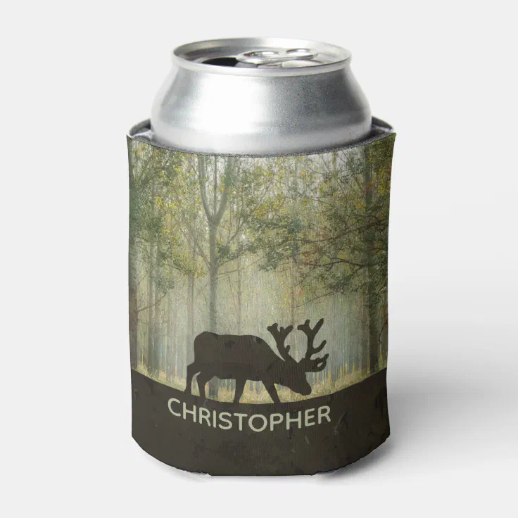 Moose in Forest Illustration Personalized Can Cooler | Zazzle