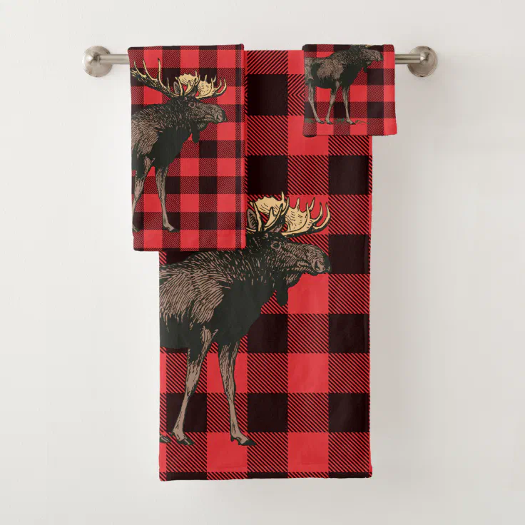 Moose Red Black Plaid Pattern Bath Towel Set | Zazzle