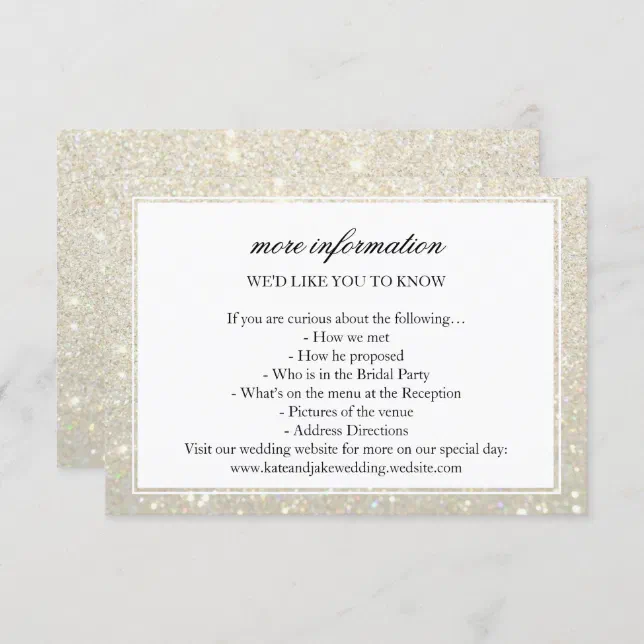 More Info Wedding Card - White Gold Glit Fab Frame | Zazzle