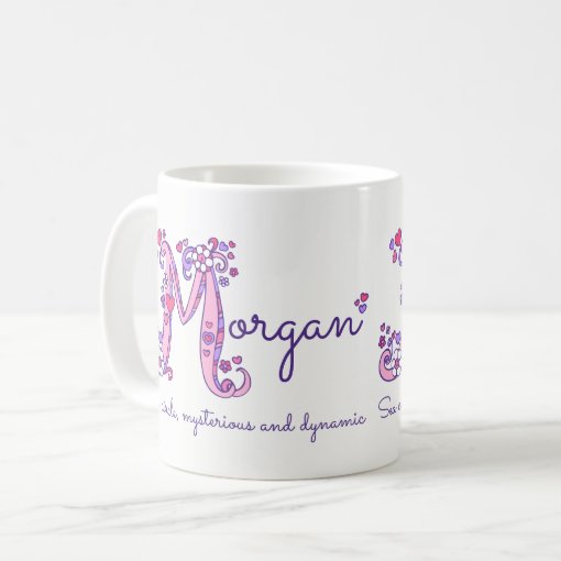 Morgan name meaning heart flower M monogram mug | Zazzle