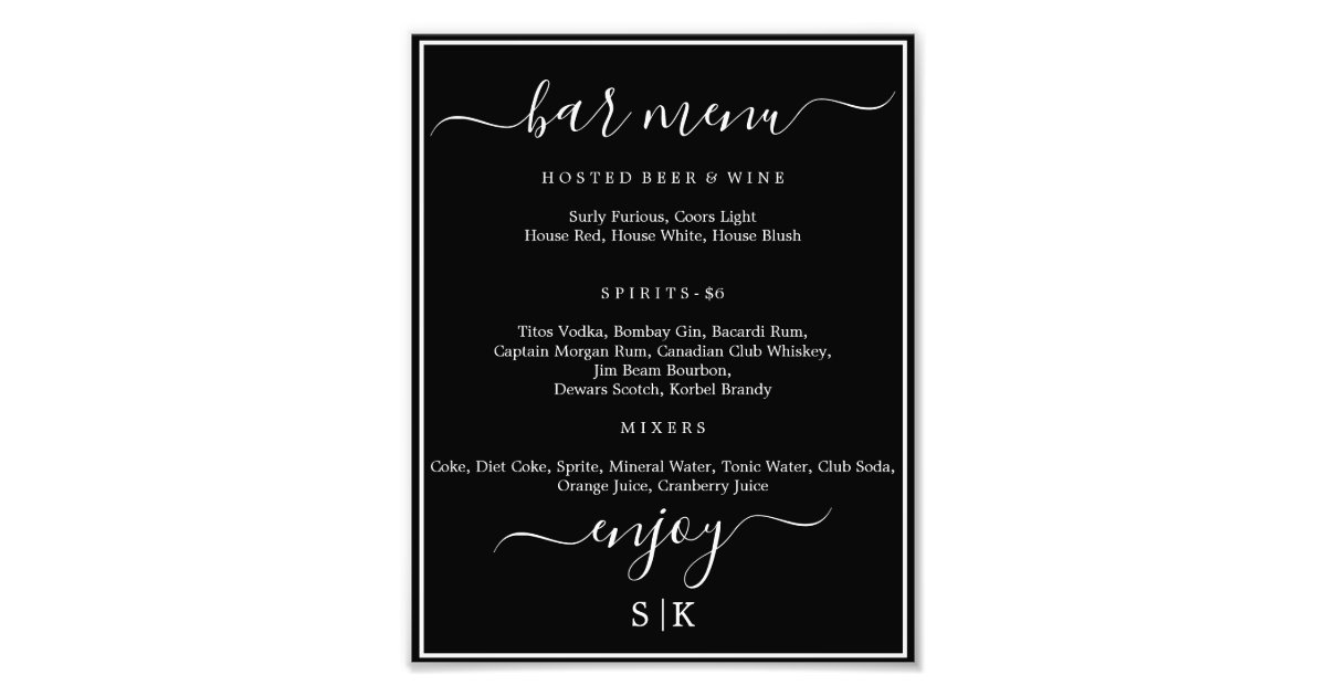 "Morgana Wedding Suite- Bar Menu Sign" Photo Print | Zazzle
