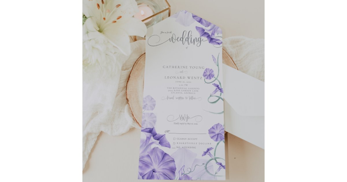 Morning Glory Calligraphy Wedding All In One Invitation | Zazzle