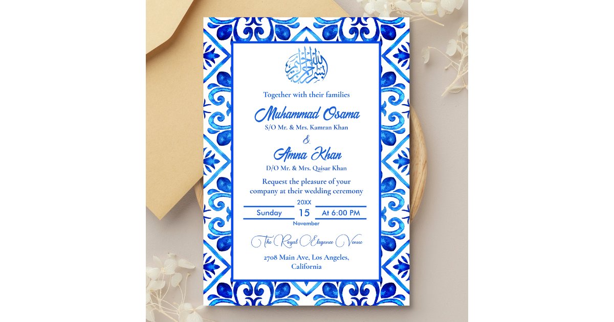 Moroccan Blue and White Islamic Wedding Invitation | Zazzle
