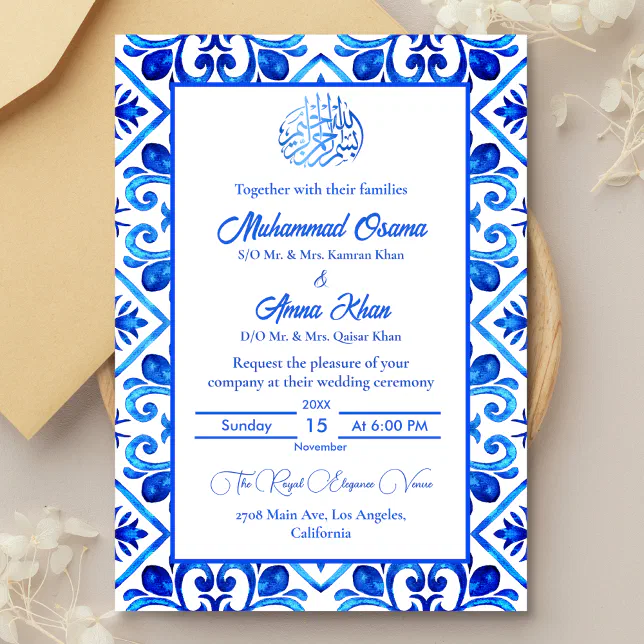 Moroccan Blue and White Islamic Wedding Invitation | Zazzle