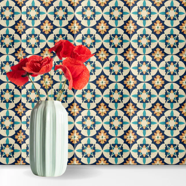 Moroccan Blue and Yellow Print Pattern Tile | Zazzle