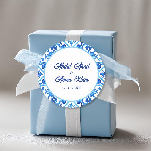 Moroccan Blue Pattern Islamic Muslim Wedding Classic Round Sticker | Zazzle