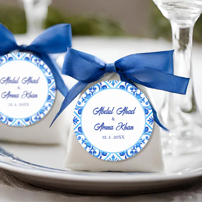 Moroccan Blue Pattern Islamic Muslim Wedding Classic Round Sticker | Zazzle