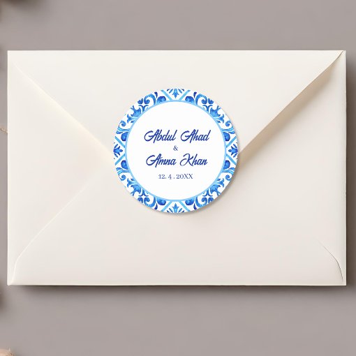 Moroccan Blue Pattern Islamic Muslim Wedding Classic Round Sticker | Zazzle