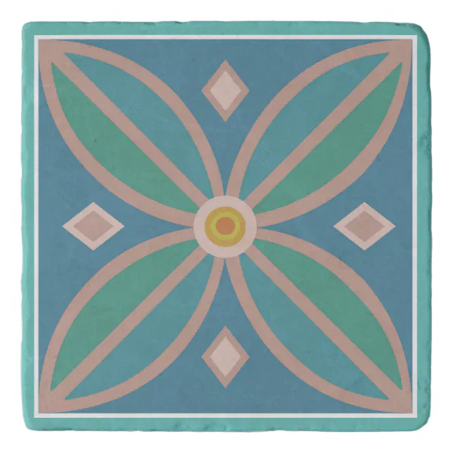 Moroccan flower tile in teal lemon and dusty pink trivet | Zazzle