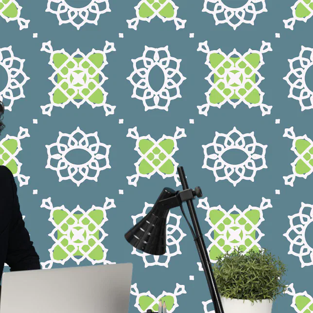 Moroccan Geometric Deep Blue Lime Green White Wallpaper | Zazzle
