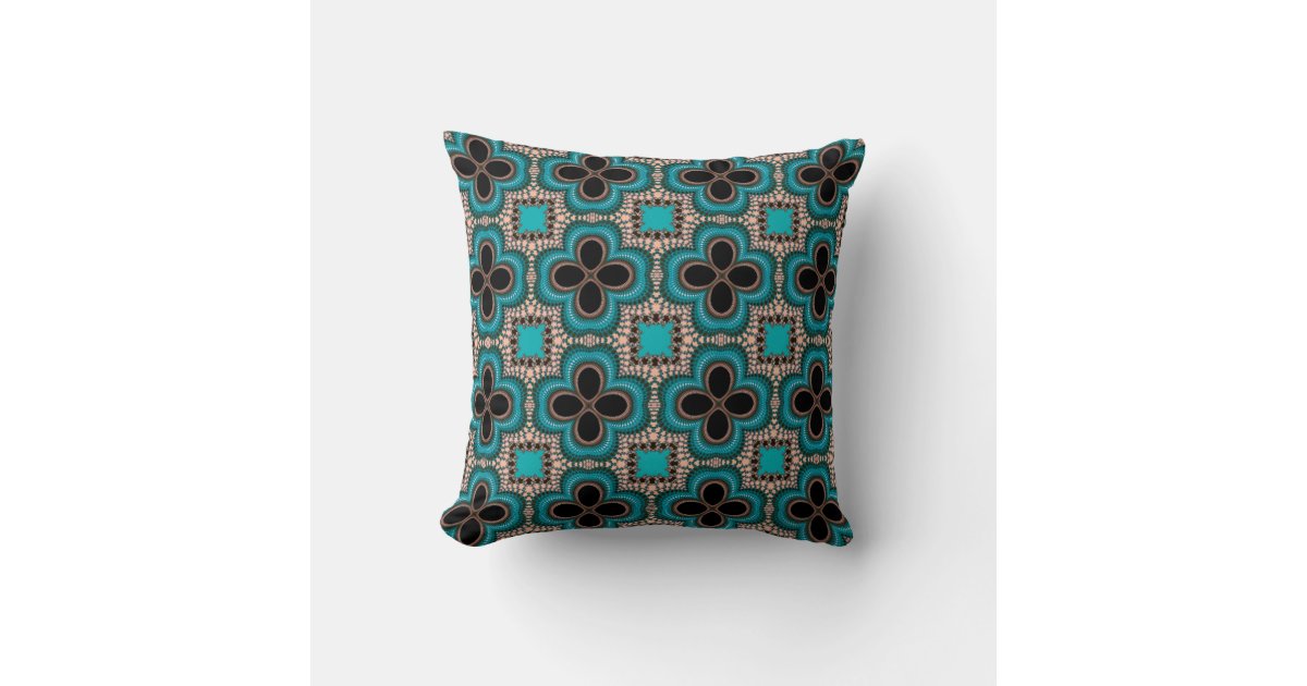 Moroccan Geometric Floral Pattern Teal Tan Black Throw Pillow | Zazzle