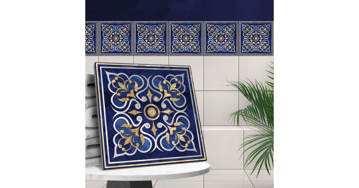 Moroccan Ornament Blue Marble & Gold Ceramic Tile | Zazzle