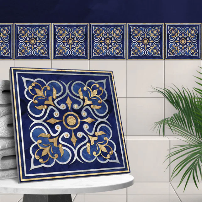 Moroccan Ornament Blue Marble & Gold Ceramic Tile | Zazzle