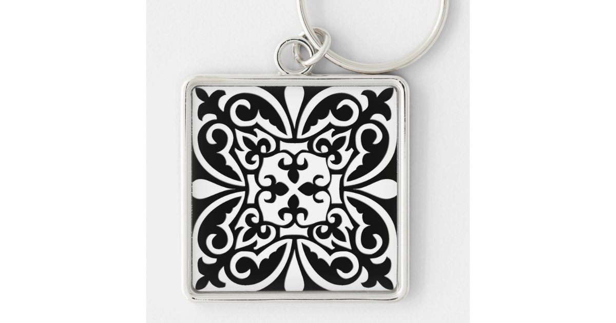 Moroccan tile - black with white background keychain | Zazzle