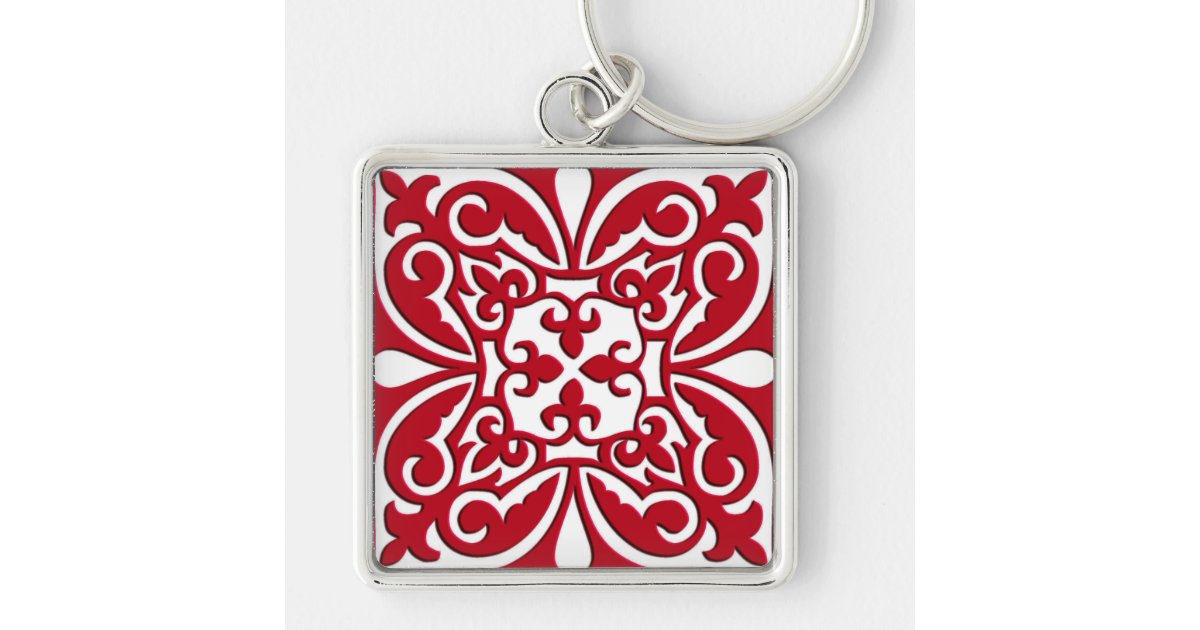 Moroccan tile - dark red and white keychain | Zazzle