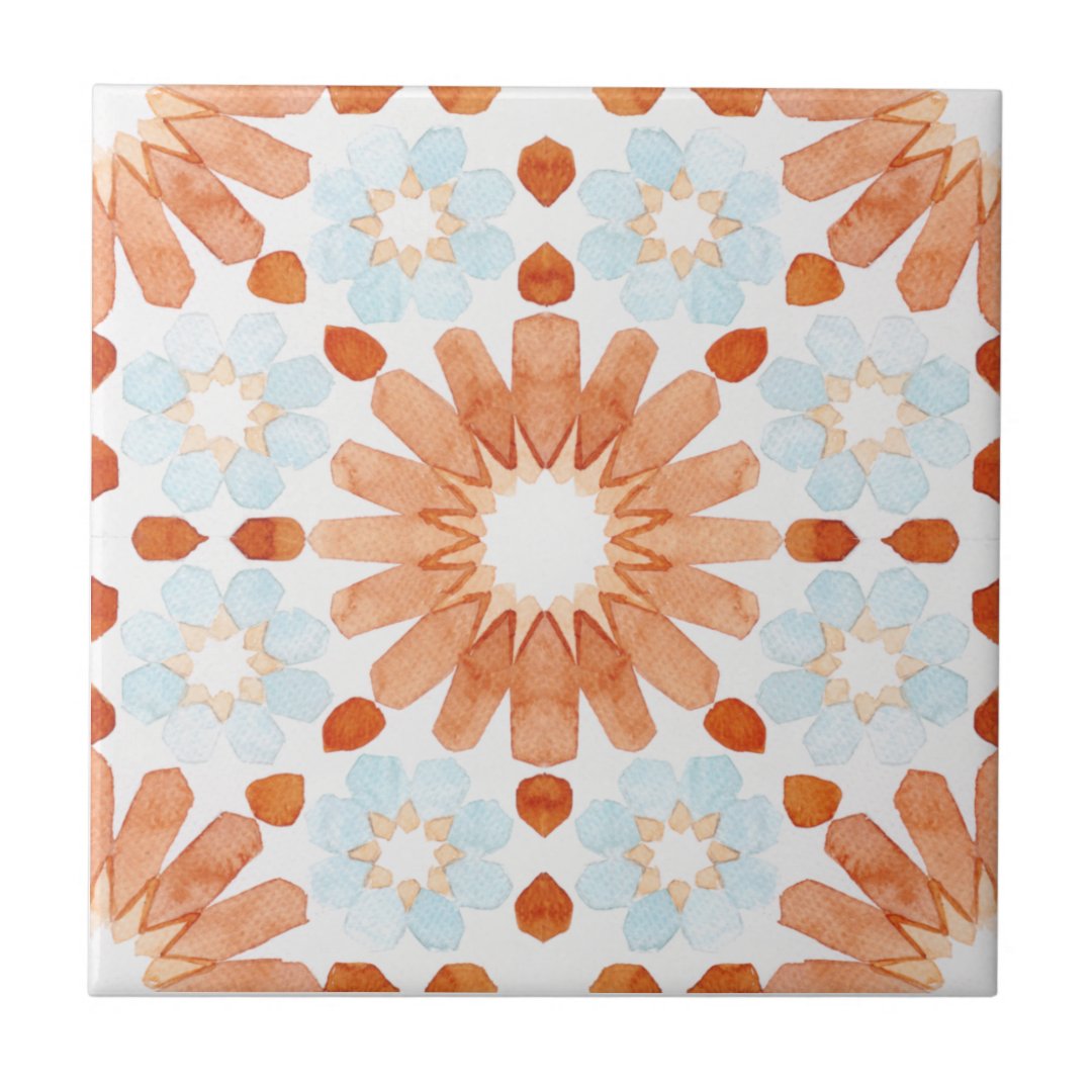 Moroccan tile in blue and orange watercolor | Zazzle