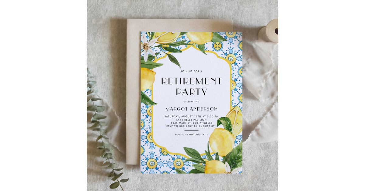 Moroccan Tile Pattern and Lemon Retirement Party Invitation | Zazzle