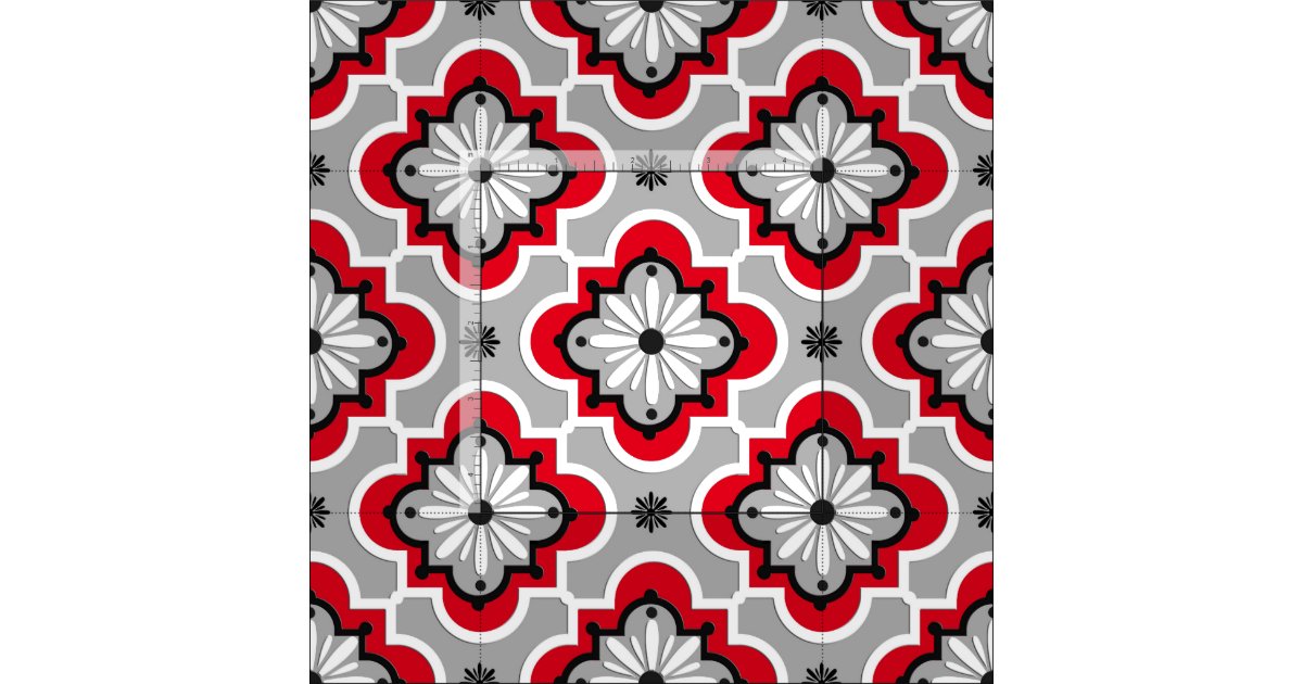 Moroccan tile pattern - Grey and Red Fabric | Zazzle