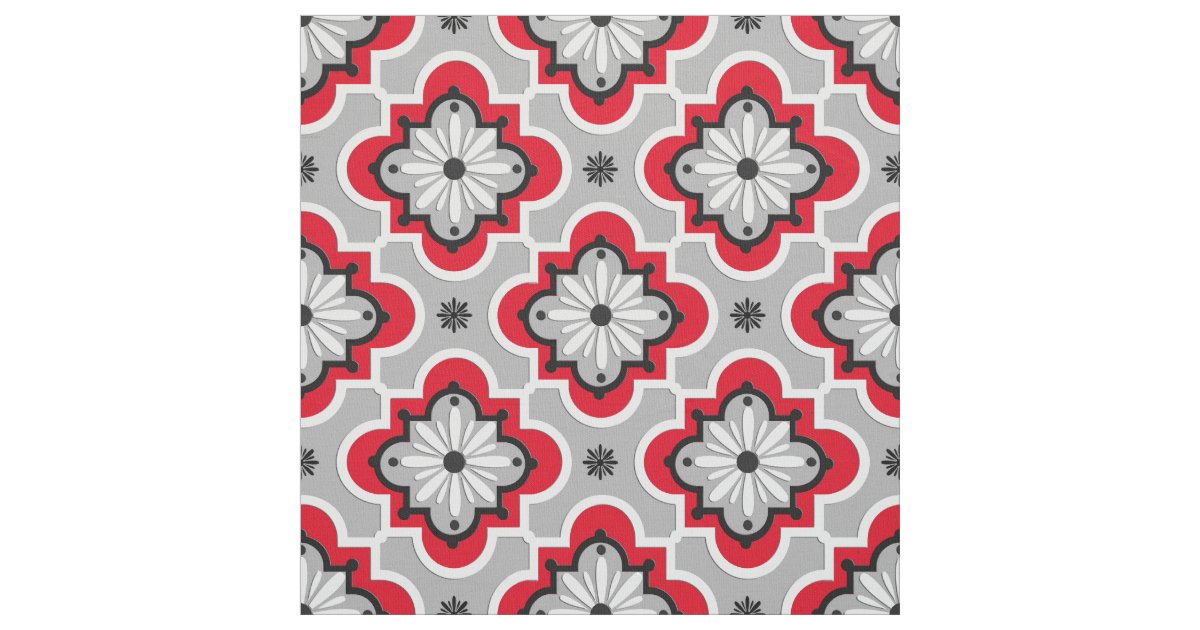 Moroccan tile pattern - Grey and Red Fabric | Zazzle