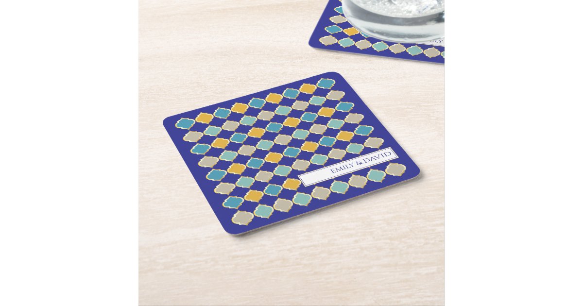 Moroccan Tile Royal Blue Golden Wedding Square Paper Coaster | Zazzle