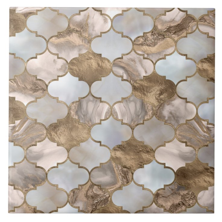 Moroccan trellis White marble and gold Ceramic Tile | Zazzle