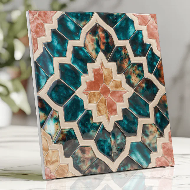 Moroccan Zellige Deep Teal and Coral Ceramic Tile | Zazzle
