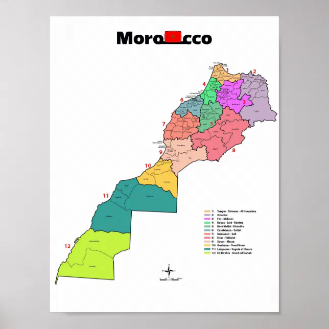 Morocco Flag Map with state boundary outlines. Poster | Zazzle