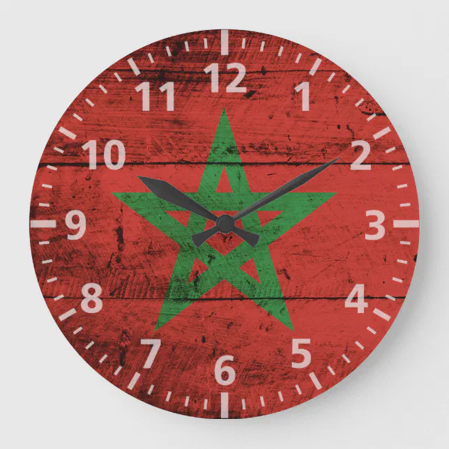 Morocco Flag on Old Wood Grain Large Clock | Zazzle