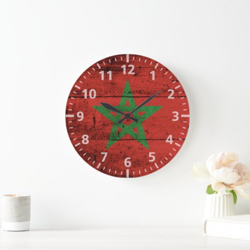 Morocco Flag on Old Wood Grain Large Clock | Zazzle
