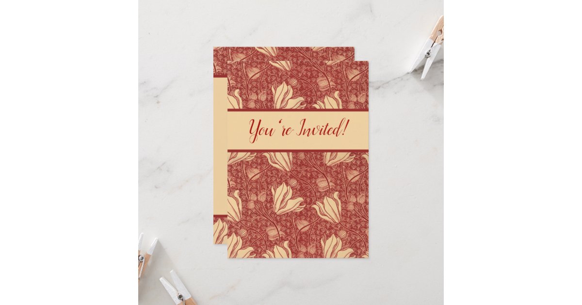 Morris Inspired Lily Flower Botanical Red Textile Invitation | Zazzle