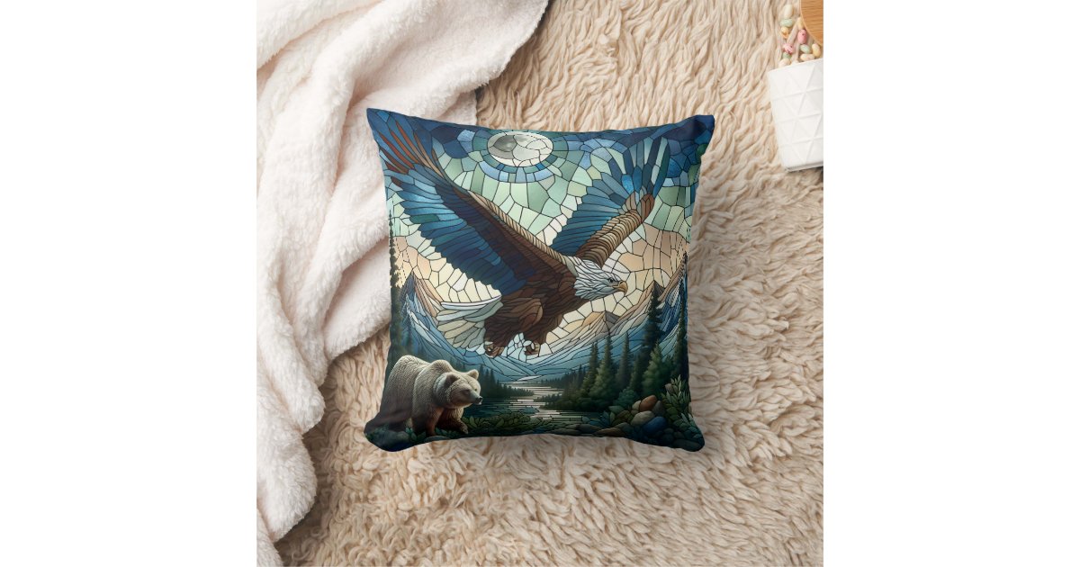 Mosaic Bear and Eagle in the Mountains Throw Pillow | Zazzle