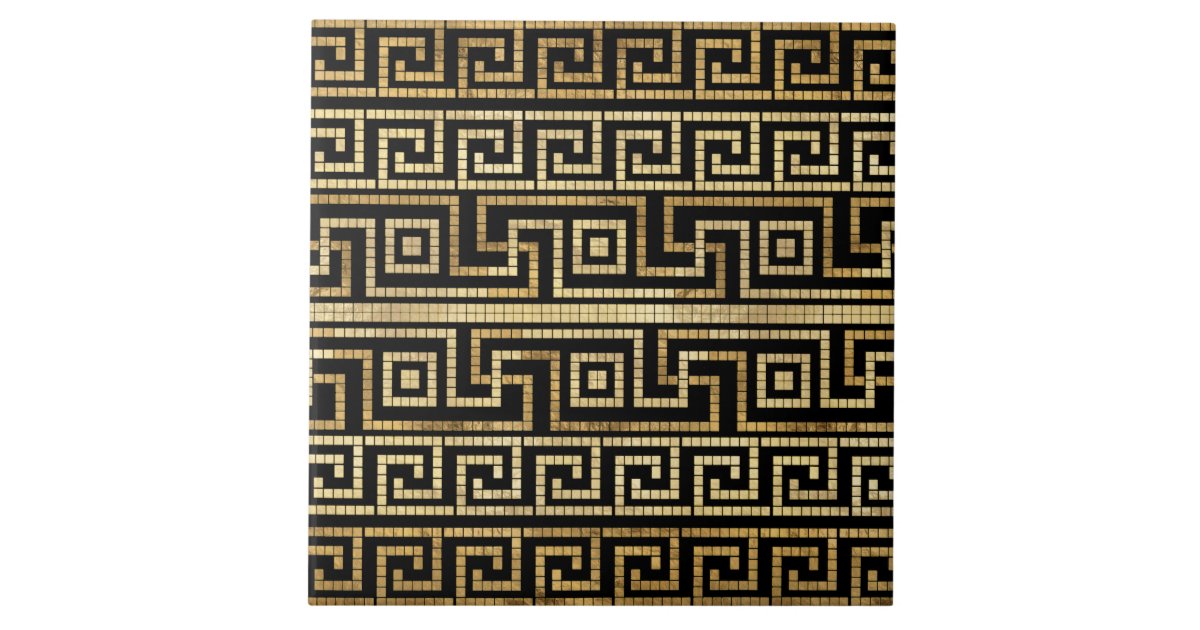 Mosaic Greek Meander Greek Key Black and Gold Ceramic Tile | Zazzle