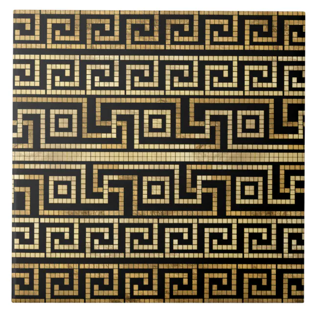 Mosaic Greek Meander Greek Key Black and Gold Ceramic Tile | Zazzle