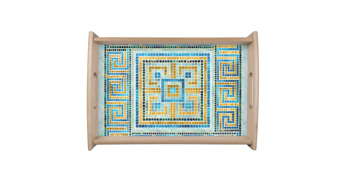 Mosaic Tile Greek Meander Key Serving Tray | Zazzle