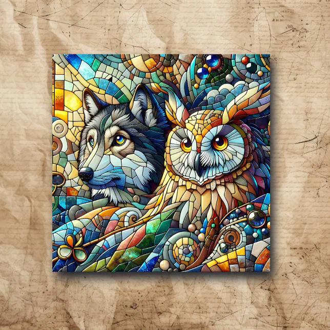 Mosaic Tile Wolf and Owl | Zazzle