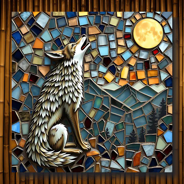 Mosaic Tile Wolf Howling at the Moon Poster | Zazzle