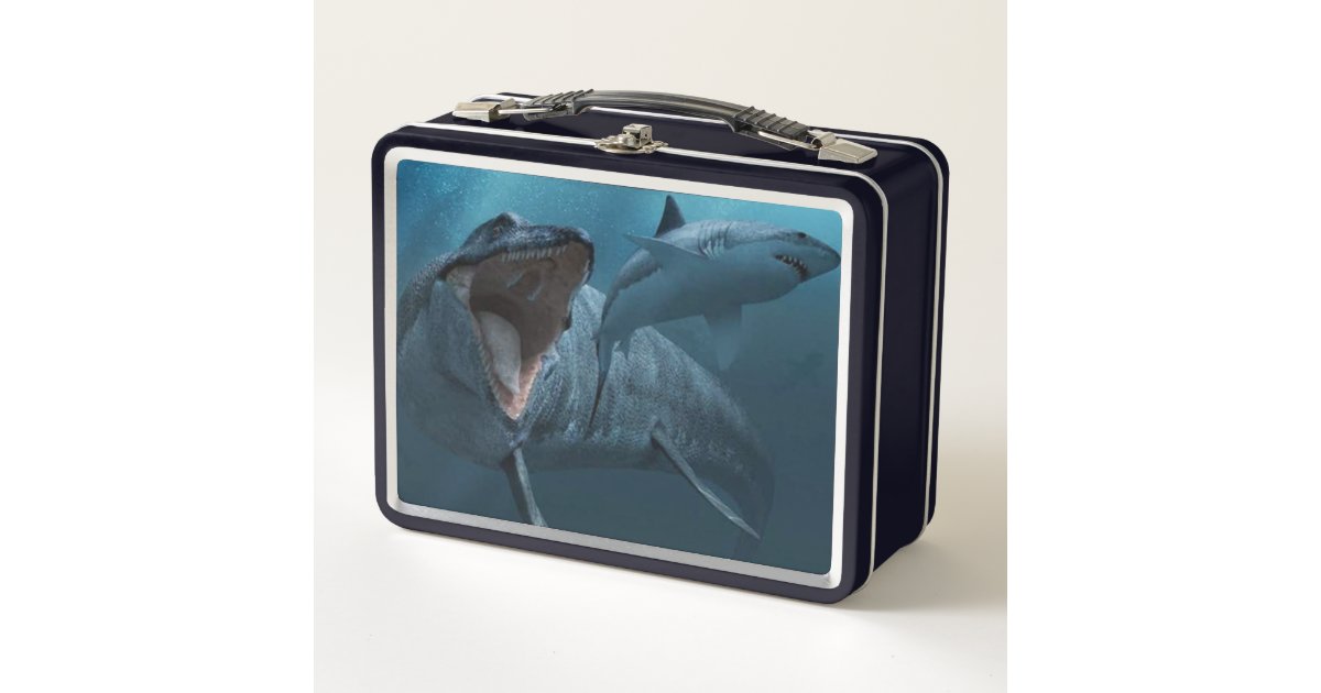 Mosasaurus chasing shark metal lunch box | Zazzle