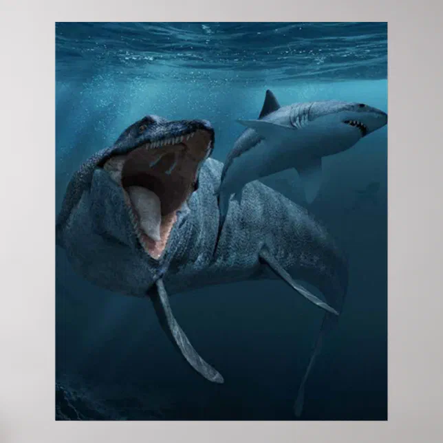 Mosasaurus chasing shark poster | Zazzle