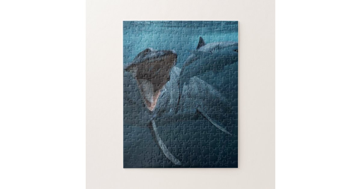 Mosasaurus chasing shark poster acrylic print jigsaw puzzle | Zazzle