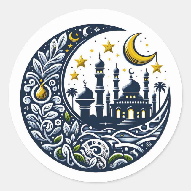 Mosque and Ornate Moon Classic Round Sticker | Zazzle