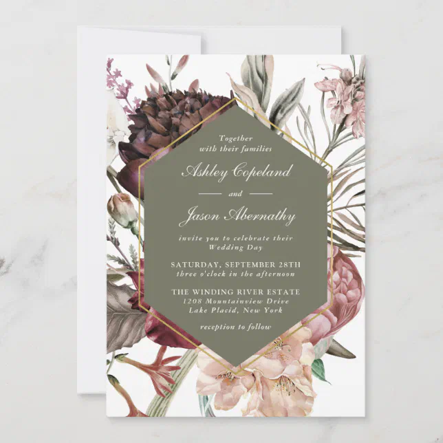 Moss Green Boho Fantasy Watercolor Floral Wedding Invitation | Zazzle