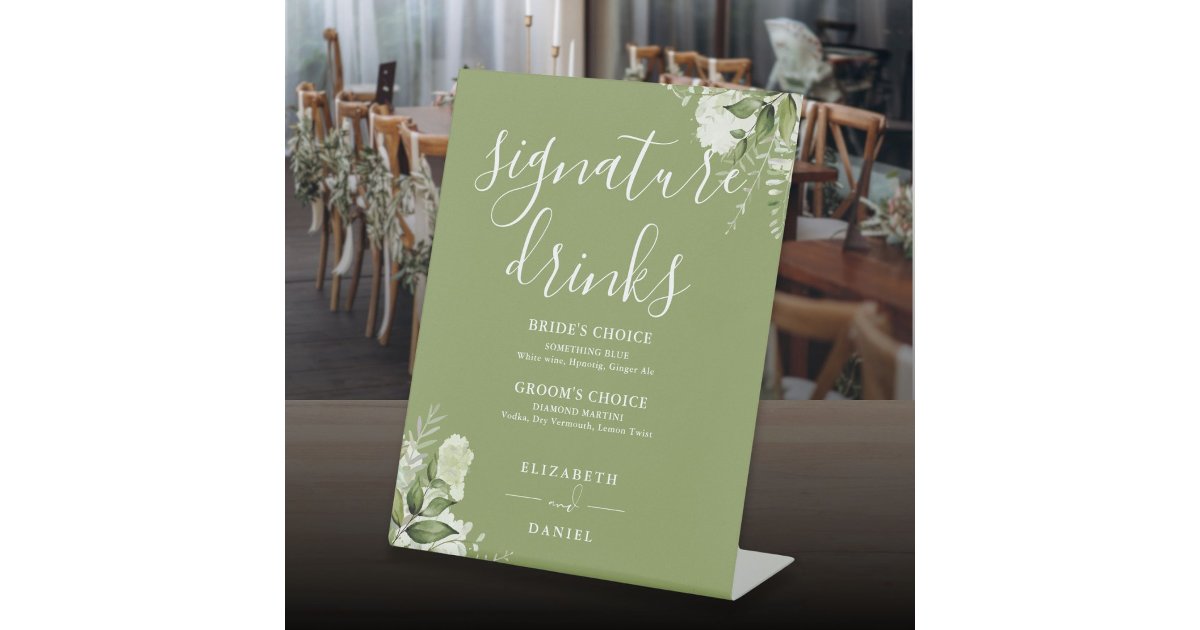 Moss Green Floral Wedding Signature Drinks Pedestal Sign | Zazzle