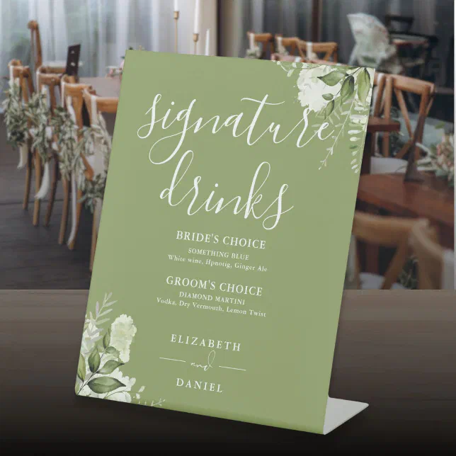 Moss Green Floral Wedding Signature Drinks Pedestal Sign | Zazzle