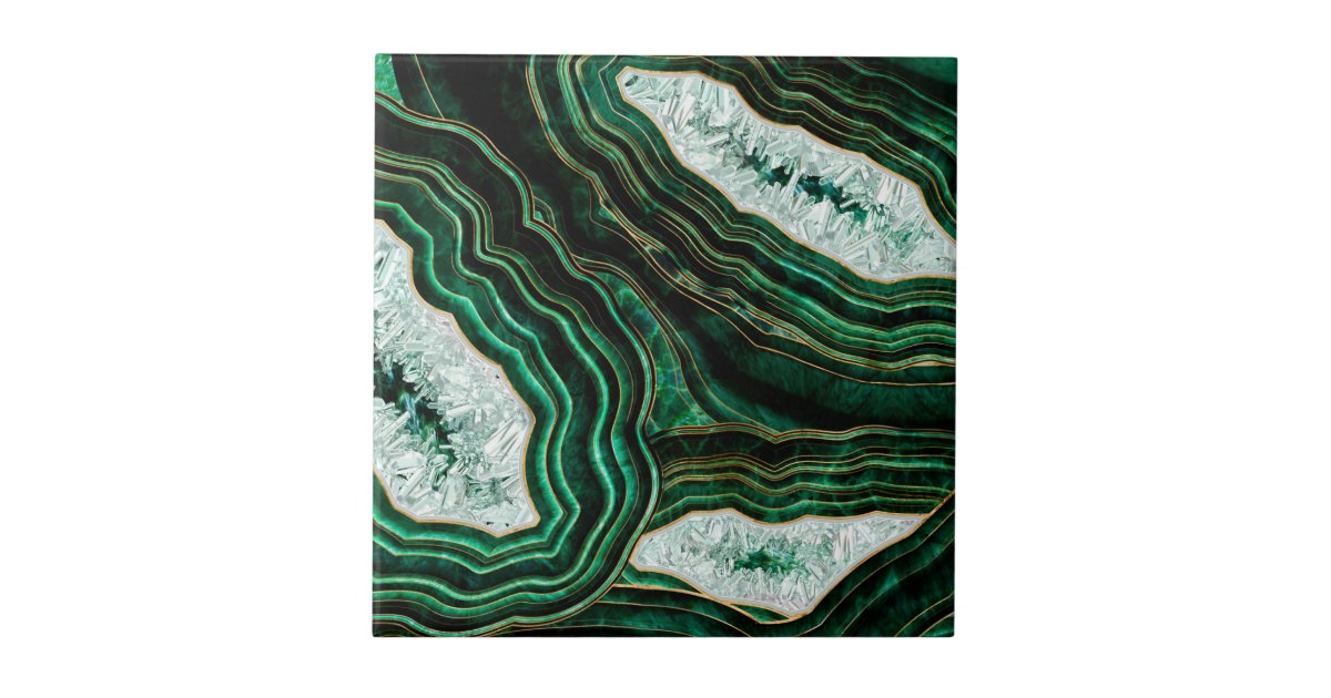 Moss Green Geode and Crystals Digital Art Ceramic Tile | Zazzle