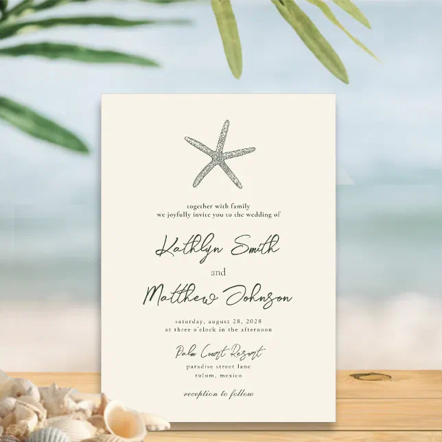 Moss Green Modern Shell Beach Destination Wedding Invitation | Zazzle