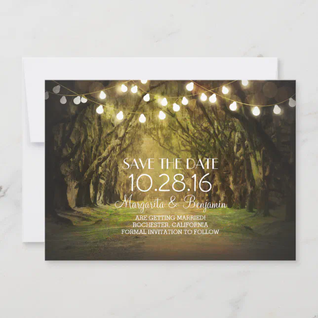 Moss Tree Path Rustic String Lights Save the Date | Zazzle